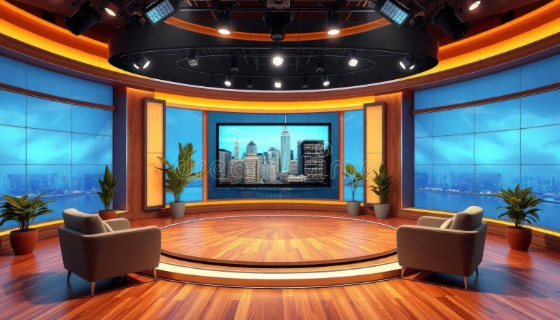 Virtual Studio Setting with Round Stage, Panoramic Windows Cityscape. Modern Design Suitable for ...