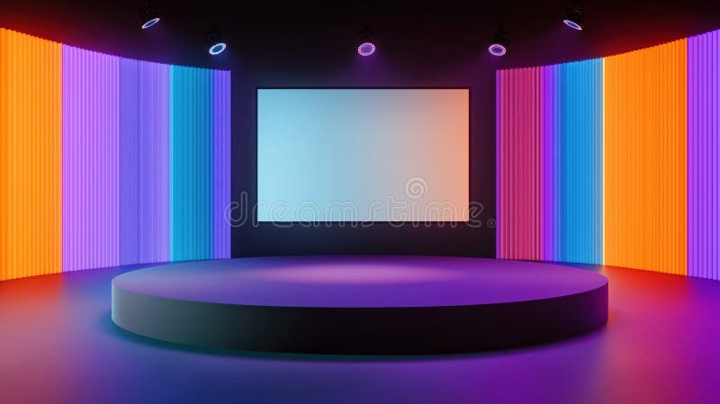 Virtual Studio Setting with Vibrant Colored Walls. Empty Round Stage ...