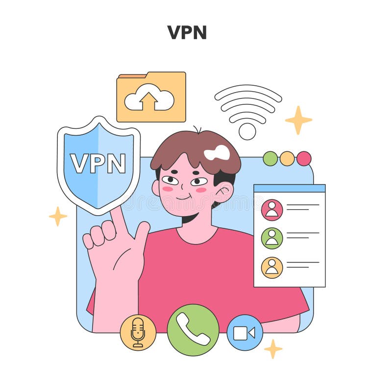 A Virtual Team Member Showcases Secure VPN. Flat Vector Illustration ...