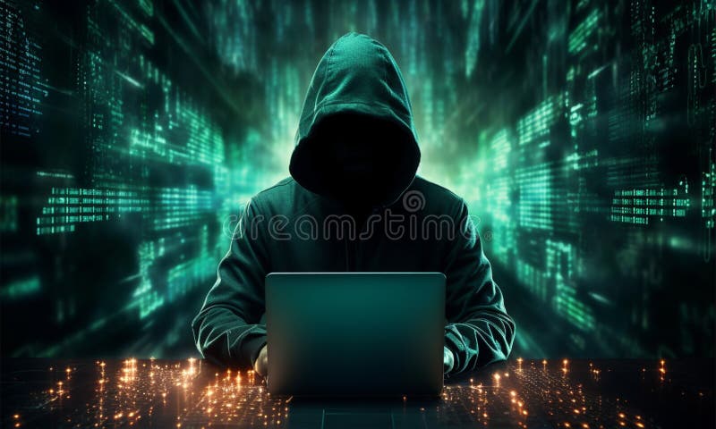 Virtual Threat Hacker at Laptop, Binary Code, Symbolizing Cyber Attack Stock Illustration ...