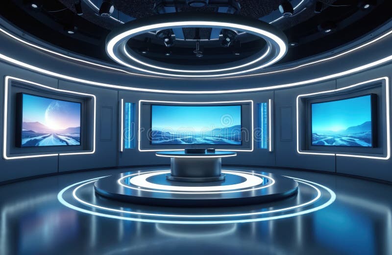 Virtual TV Studio Set Illuminated with Neon Lights. Modern Design ...