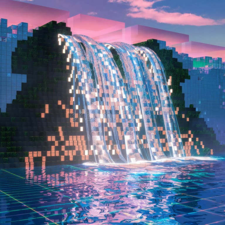 Virtual Waterfall Made of Pixelated Light Pouring into a Pool of ...