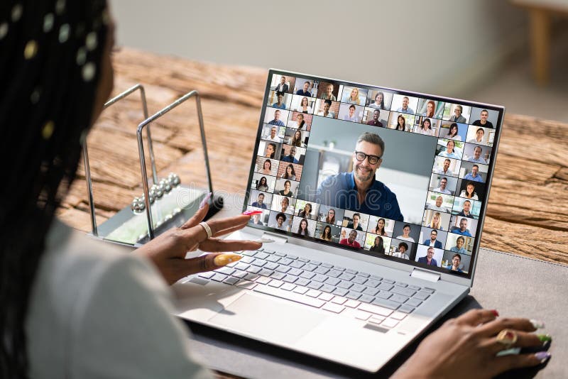 Virtual Webinar Video Conferencing on Laptop Stock Photo - Image of ...