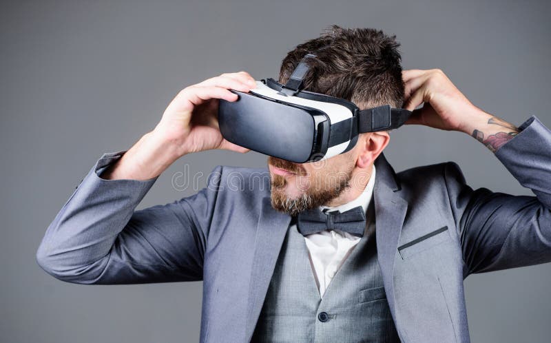 Virtual Work. Businessman in VR Headset. Visual Reality. Bearded Man ...