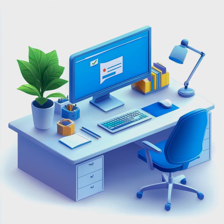 Virtual Workspace with Computer on Desk Modern Office Setting ...