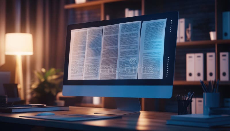 Virtual Workspace at Night with Documents Displayed on a Computer ...