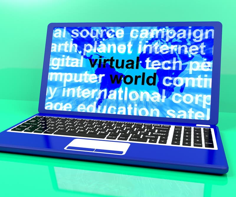 Virtual World Words on Laptop Showing Global Internet Stock ...