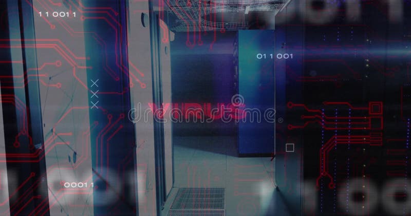 Virus Alert Animation Over Server Room with Circuit Board Patterns ...