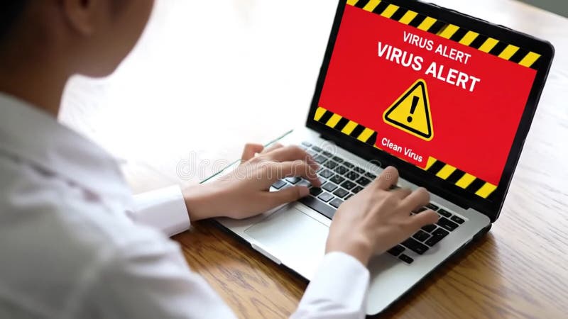 Virus Alert Displayed on Silver Laptop Screen by Woman at Desk ...