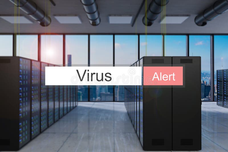 Virus Alert in Red Search Bar Large Modern Server Room Skyline View, 3D ...