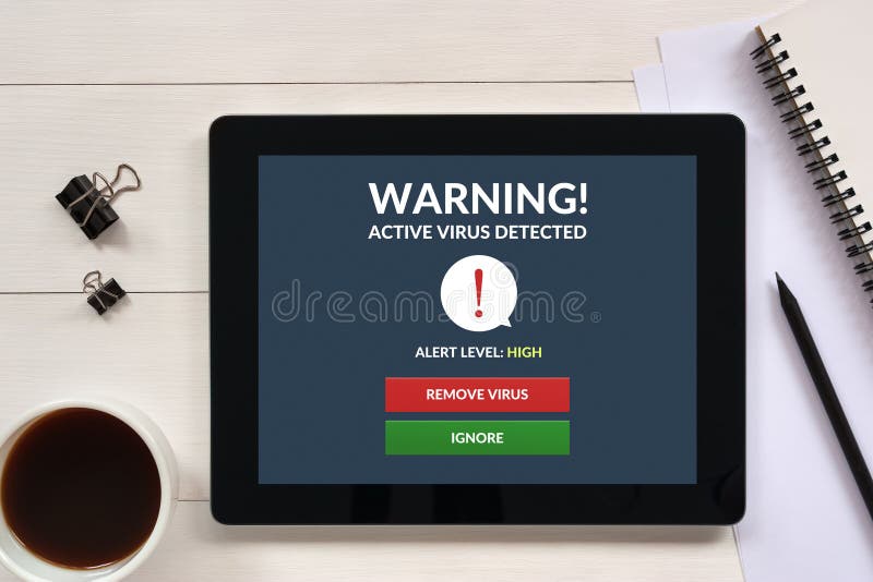 Virus Alert on Tablet Screen with Office Objects Stock Image - Image of ...
