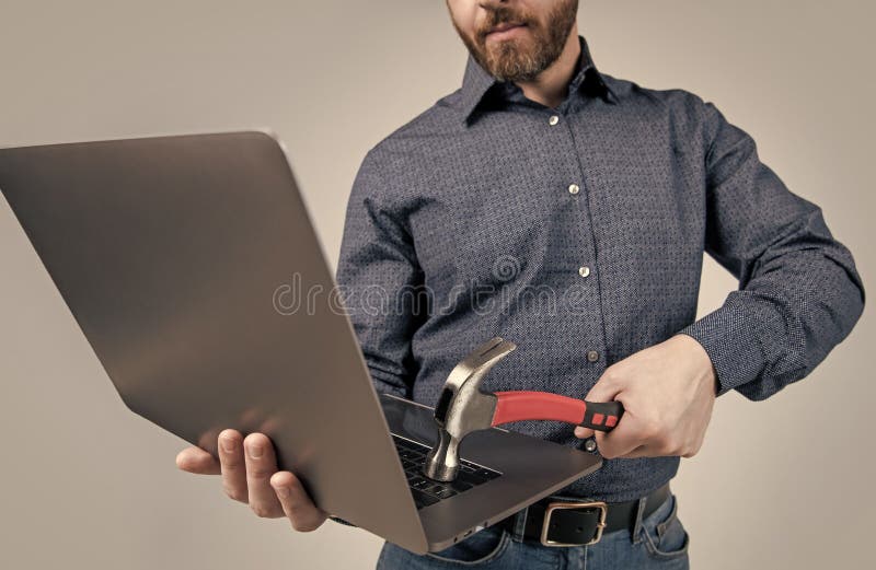 Virus Attack. Man Cropped View Hit Laptop with Hammer. Virus Threat ...