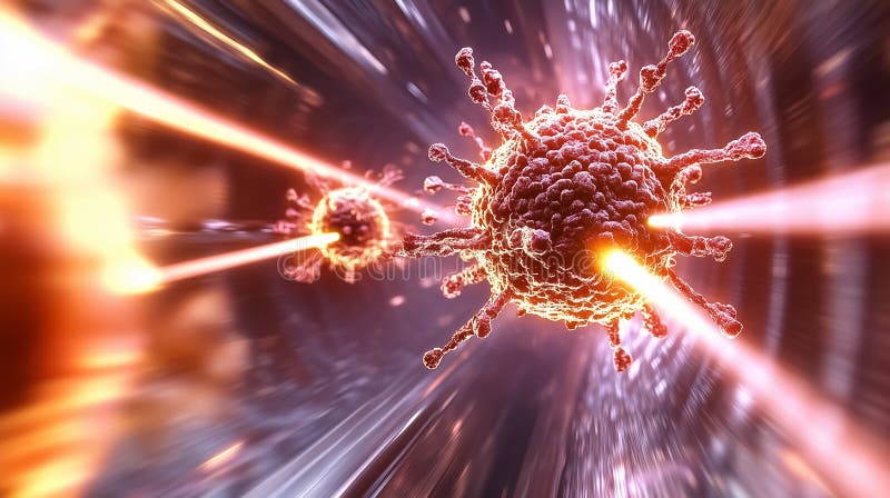 Virus Cells Under Attack in Dynamic Digital Art Representation. Bright ...