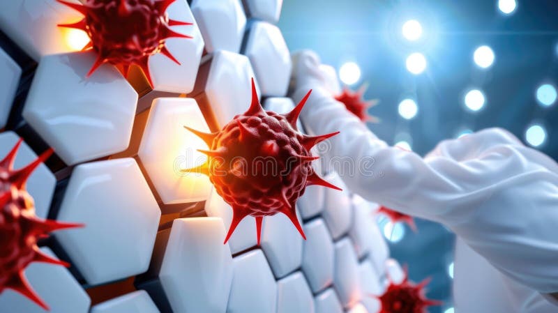 Virus Cells and White Hexagonal Structure with Blue Lights in ...