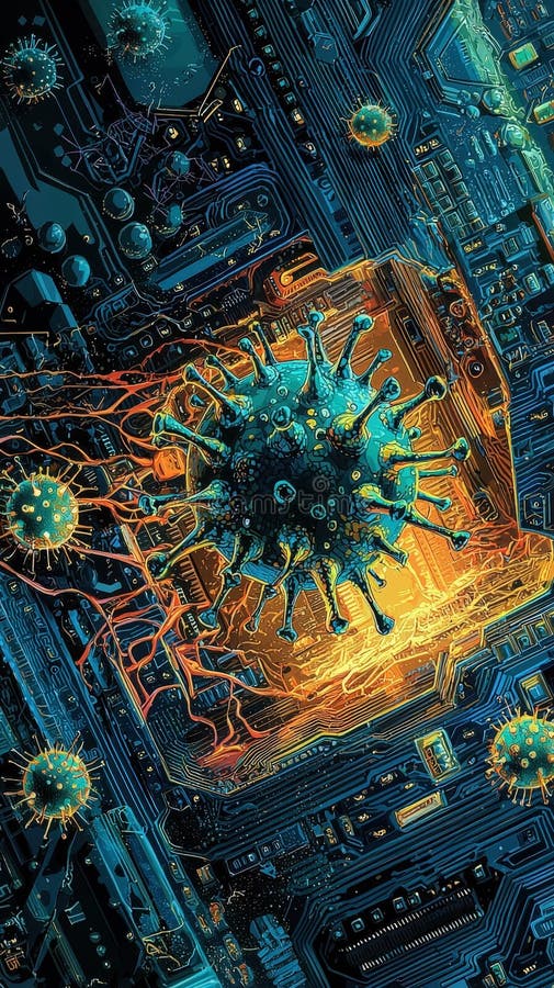 Virus and Circuit Board Illustration with Glow Effect Stock Image ...