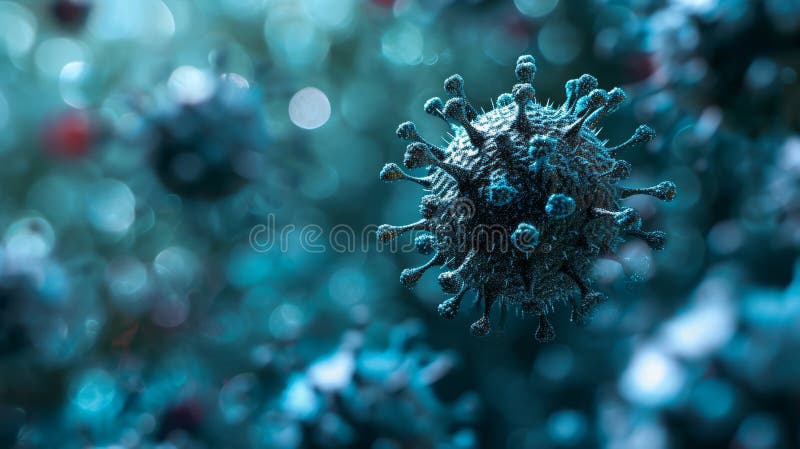 Virus Close Up Microscopic Blue Illustration. Selective Focus on One ...