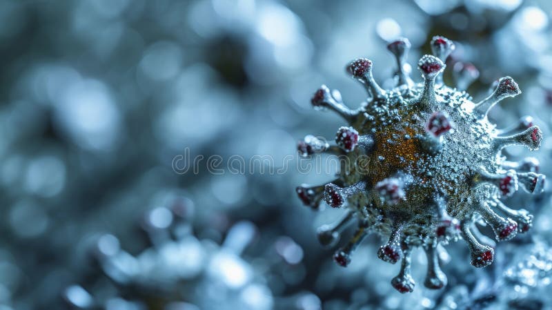 Virus Close Up Microscopic Blue Illustration. Selective Focus on One ...