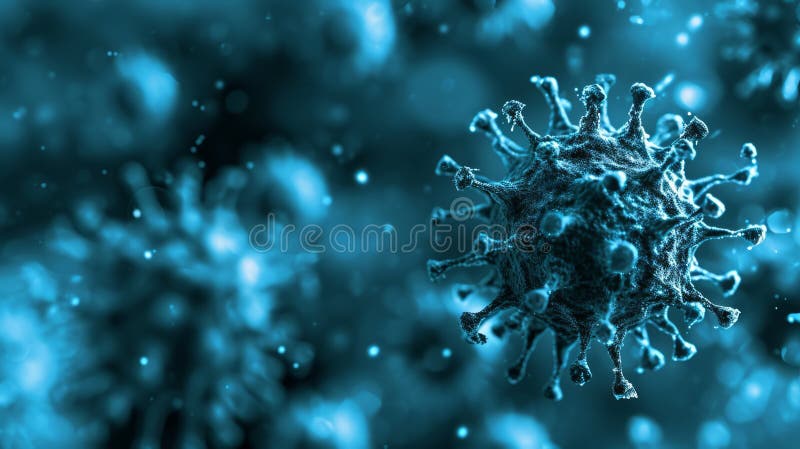 Virus Close Up Microscopic Blue Illustration. Selective Focus on One ...