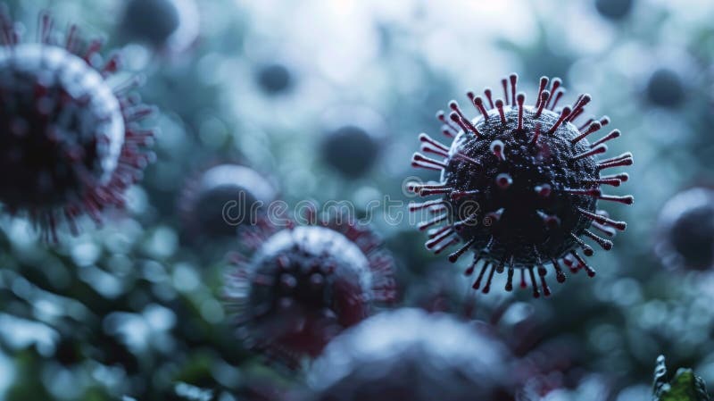 Virus Close Up Microscopic Blue Illustration. Selective Focus on One ...