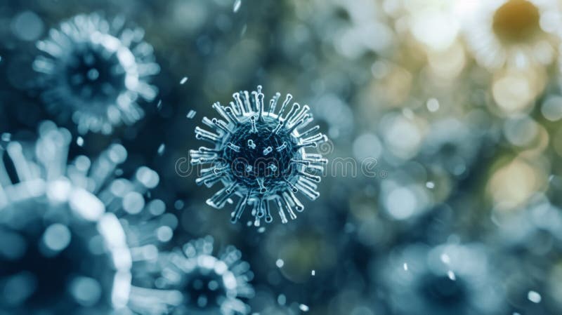 Virus Close Up Microscopic Blue Illustration. Selective Focus on One ...