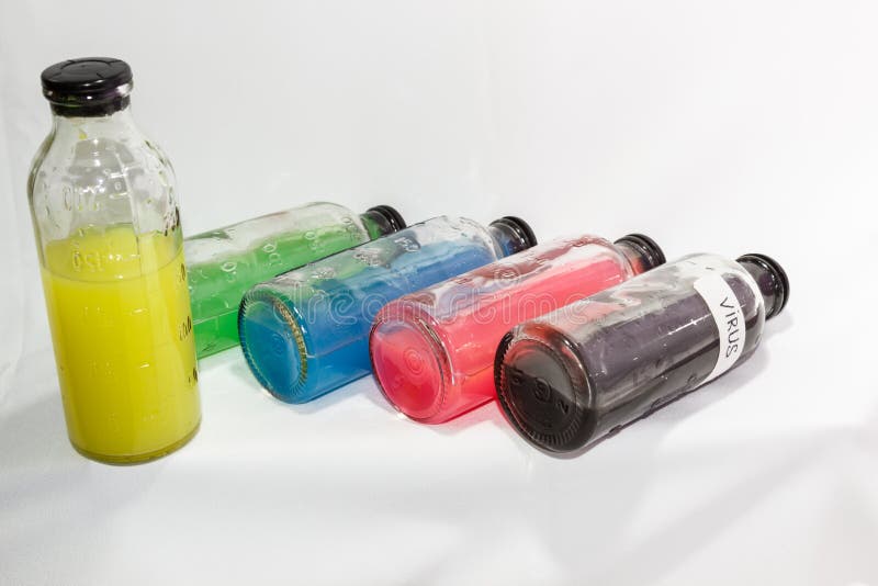 Virus, Colored Chemicals Glass Bottle, White Background Stock Photo ...