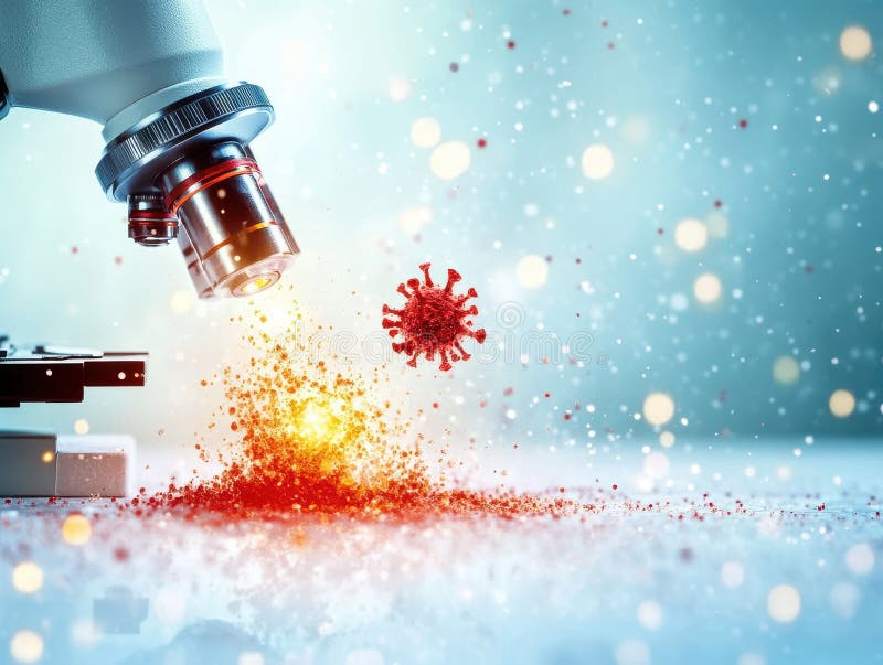 Virus Disintegration Under a Microscope with Glowing Particles Stock ...
