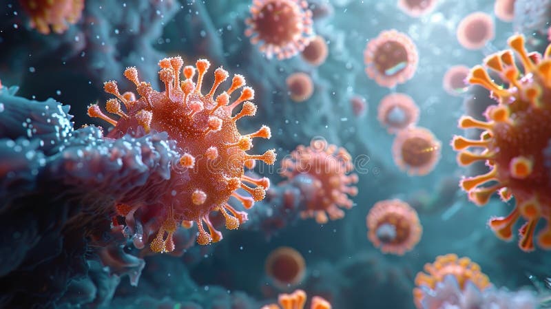Virus Flu Outbreak, Banner Illustration, Microscopic View of Floating ...