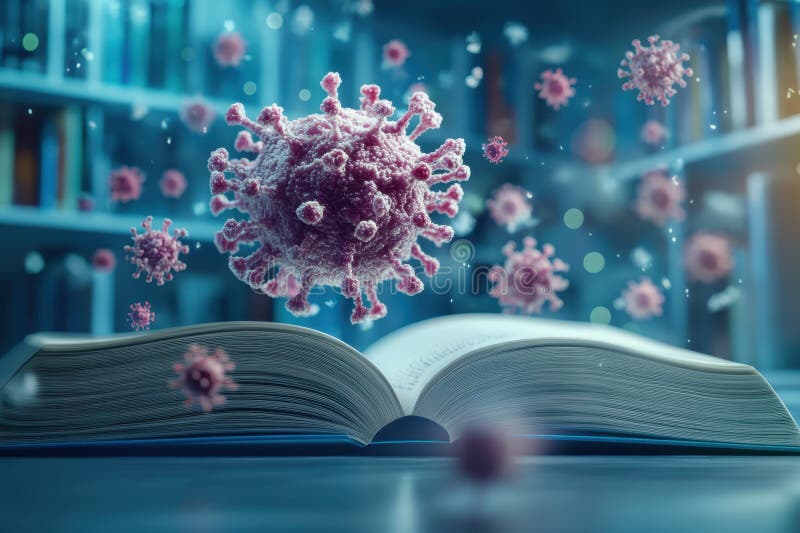 Virus Illustration Above an Open Book in a Library Setting during the ...