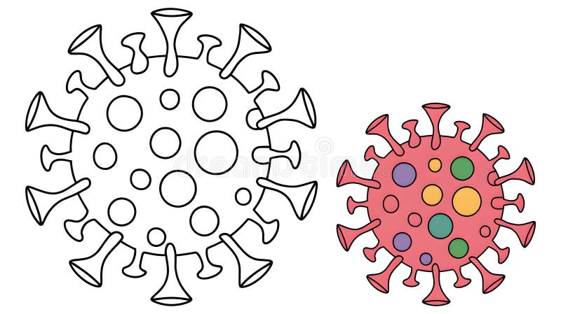 Coloring Page of a Virus with a Colored Example, Kids Educational ...