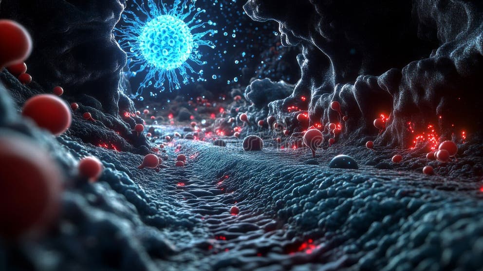 A Virus Invades a Cellular Landscape with Red Cells Stock Illustration ...