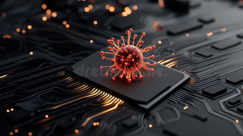 Virus Model on Microchip Glowing Circuits Dark Technology Background ...