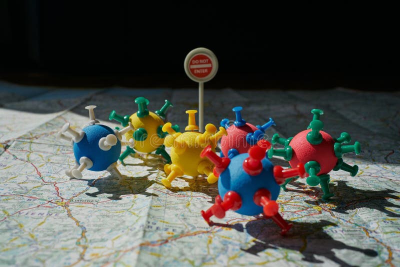 Virus Models Stop at a Stop Sign on a Map Stock Photo - Image of person ...