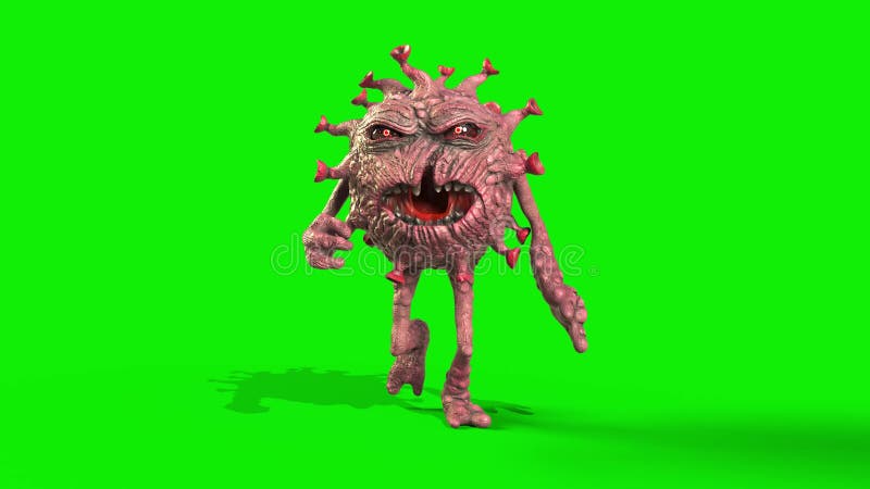 Virus Monster Covid19 Walks Front Green Screen 3D Rendering Animation ...