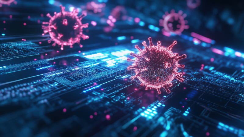 Virus Particles on Digital Circuit Background, Glowing Pink and Blue ...