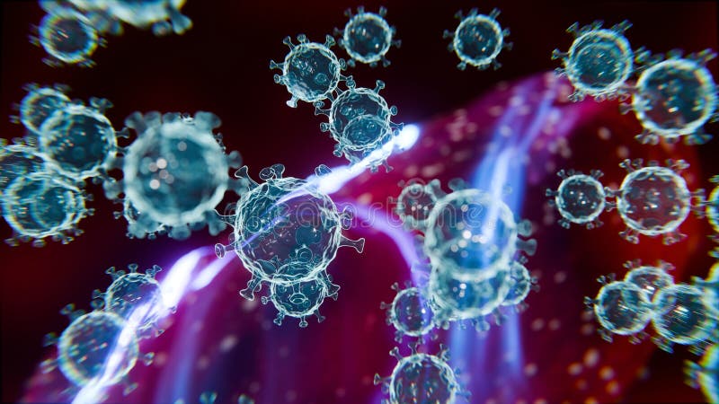 Virus Particles on Red Cell Background, 3D Rendering Stock Illustration ...