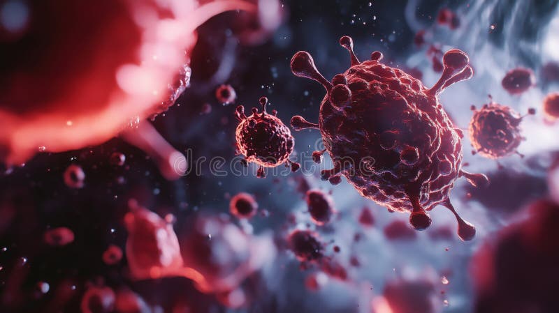 Virus Particles Under Microscope, Detailed View of Pathogens, Red and ...