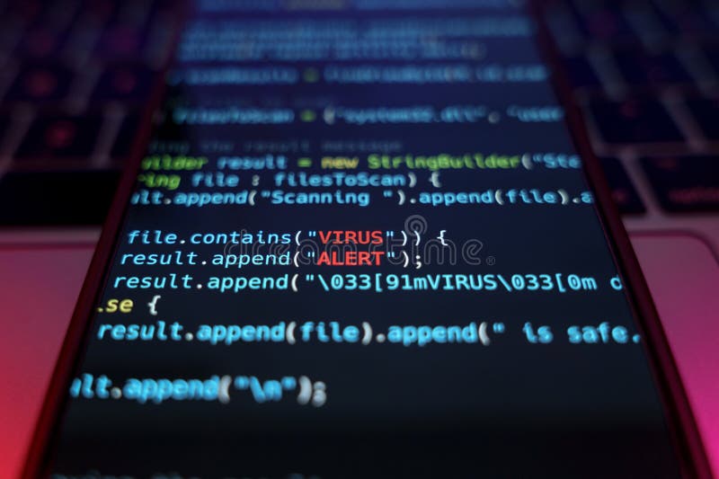 Virus on Smartphone Device. Programming Code with Virus Alert Input ...