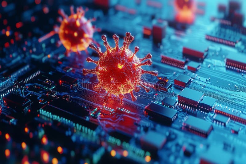 A Virus Symbolized by the Red Spheres Attacks a Circuit Board ...