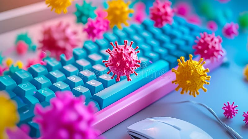 Viruses and Bacteria Floating Near a Computer Keyboard and Mouse in a ...