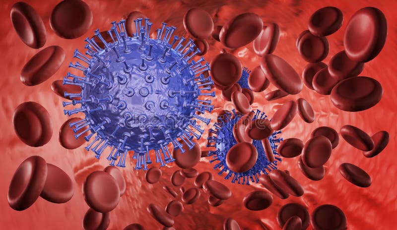 Viruses in Blood. Blue Virus Float between Red Blood Cell. Stock ...
