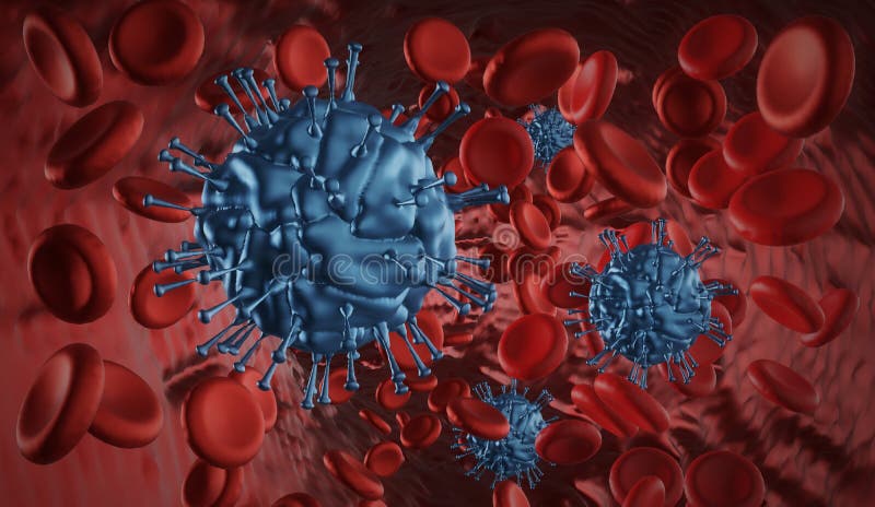 Viruses in Blood. Blue Virus Float between Red Blood Cell. Stock ...