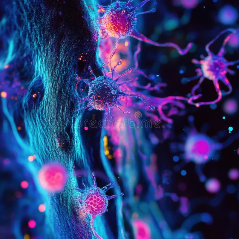 Viruses Interacting with Cells in a Vibrant and Colorful Microscopic ...