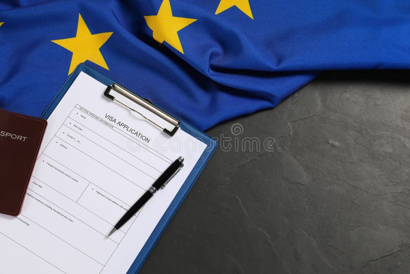 Visa Application Form, Passport, Pen and Flag of European Union on ...