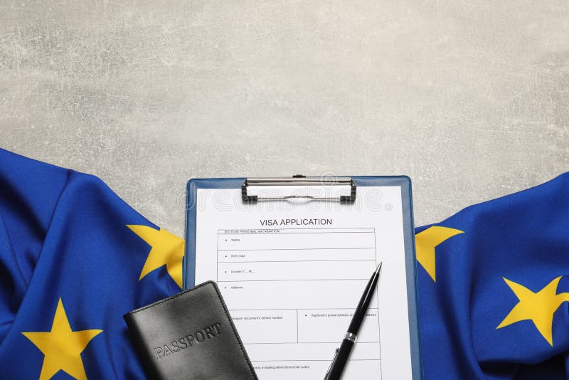 Visa Application Form, Passport, Pen and Flag of European Union on Grey ...
