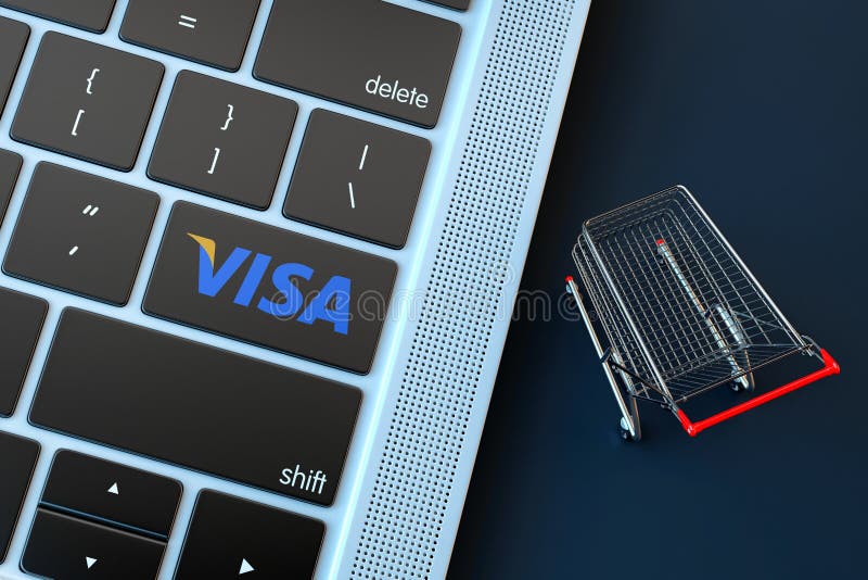 VISA Logo on Laptop Keyboard and Miniature Shopping Cart. 3D Rendering ...