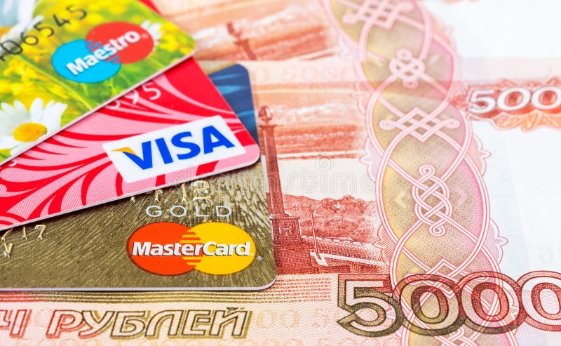 VISA and Mastercard Debit Card with Russian Rubles Editorial Photo ...