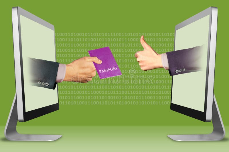 Visa Processing Concept, Two Hands from Monitors. Passport and Thumbs ...