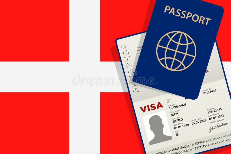 Visa To Denmark and Passport. Denmark Flag Background. Vector ...