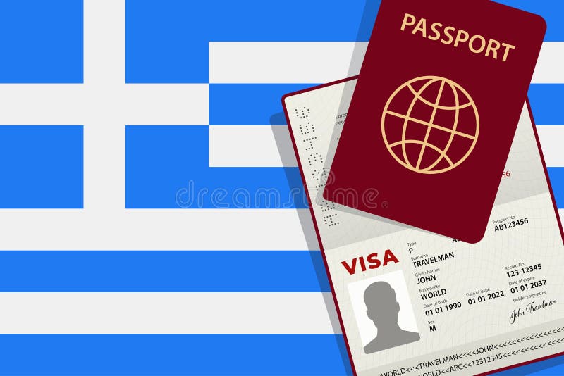 Visa To Greece and Passport. Greek Flag Background. Vector Illustration ...