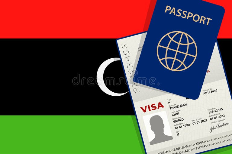 Visa To Libya and Passport. Libyan Flag Background. Vector Illustration ...